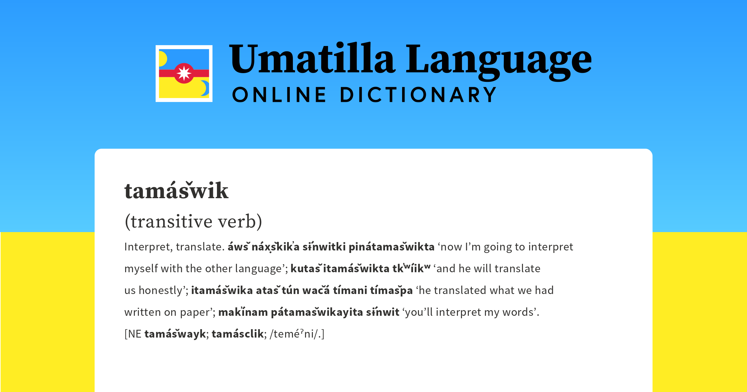 tamášwik – Umatilla Language Online Dictionary